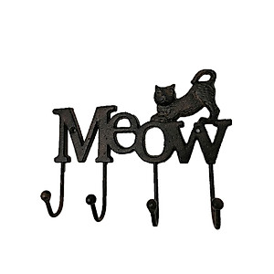 Comfy Hour Antique and Vintage Animal Collection 6" Cast Iron Cat Meow Four Key Hooks Key Chain Wall Hanger