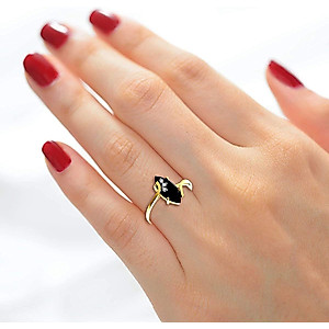 US Jewels Ladies 14K Yellow Gold Genuine Onyx Heart Black Diamond Ring, Size 5.5