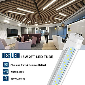 JESLED 2FT T8 LED Type A+B Tube Light, 12W(30W Equivalent), 1680LM, 6000K, Plug and Play or Ballast Bypass, 24 Inch F20T12 Fluorescent Bulb Replacement, Dual Ended, 24” Lighting Tube Fixture (4-Pack)