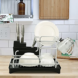 IKAYAA 2-Tier Dish Drying Rack, Dish Rack and Drainboard Set with Swivel Spout, with Cup Holder, Premium Aluminum, for Small Kitchen Countertop, Black Tray + Silver Frame