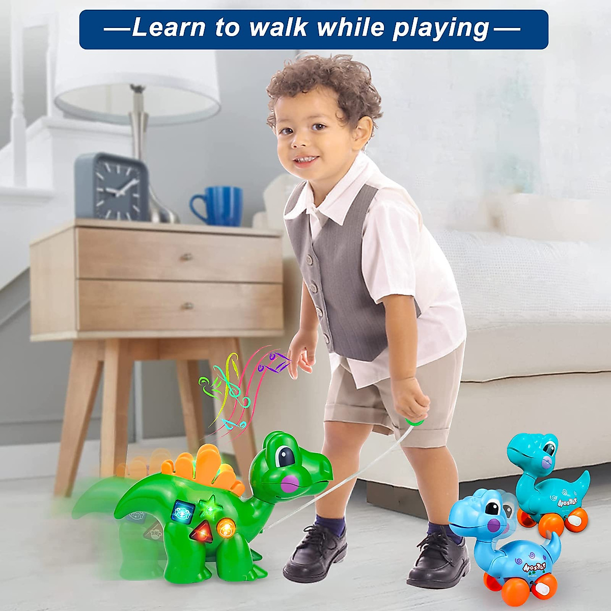 Push & Pull Toys for Toddlers 1-3 | Baby Toys 12-18 Months Can Sit & Stand &Roll, Pull Toy Dinosaurs with Lights & Sounds for Perschool, Boys Girls First Educational Gifts