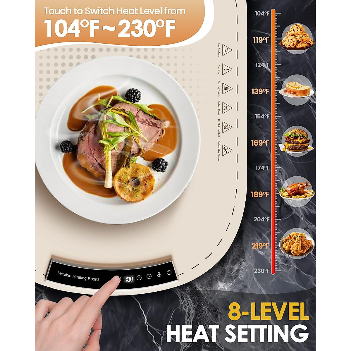 MONKRICT Electric Warming Tray, Thermochromic Fast Heating Warming Mat for Food with 8 Temperature Settings, Auto Shut-Off & Child-Lock, Portable Silicone Food Warmer for Buffet, Parties, Everyday Use