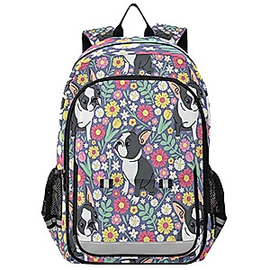 Glaphy Cute French Bulldog Floral Backpack School Bag Lightweight Laptop Backpack Student Travel Daypack with Reflective Stripes