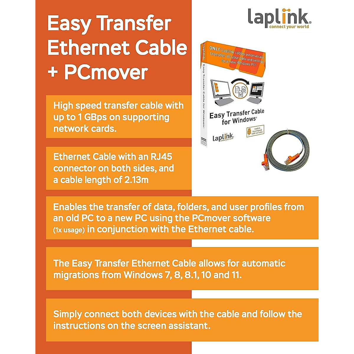 Laplink Easy Transfer Cable for Windows, Includes PCmover Express Software and Ethernet PC to PC Cable, Single Use License, Transfers Files, Settings, and User Profiles. Compatible with Windows 11