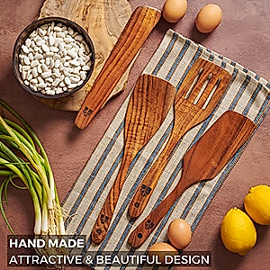 Wooden Spatula for Cooking, Kitchen Spatula Set of 4, Natural Teak Wooden Utensils including Wooden Paddle, Turner Spatula, Slotted Spatula and Wood Scraper. Nonstick cookware.