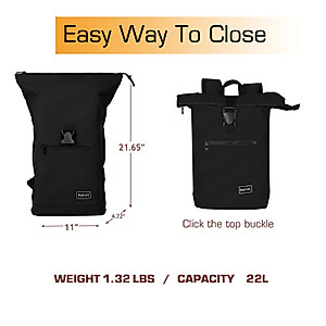 ROTOT Roll Top Travel Backpack, 22L High Volume Laptop Bag Carry on Accessories Essentials (Black)