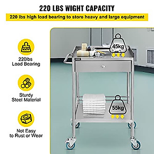 VEVOR Utility Cart with 2 Shelves Shelf Stainless Steel with Wheels Rolling Cart Commercial Wheel Dental Lab Cart Utility Services (2 Shelves/ 1 Drawer)