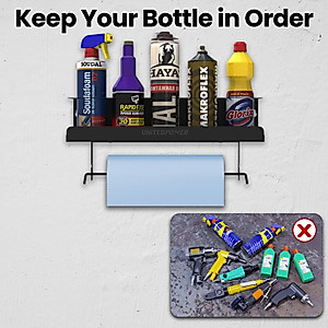 UNITEDPOWER 5 Aerosol Spray Can/Paper Towel Holder, Paint Bottle Storage Rack, Steel Wall Mount Shelf, Tool Organizer for Garage, Craft Workspace and Home