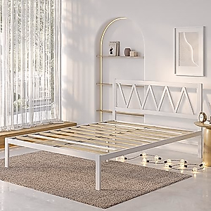 Novilla Metal Platform Bed Frame with Headboard, Wood Slat Support, No Box Spring Needed, Easy Assembly, White, King