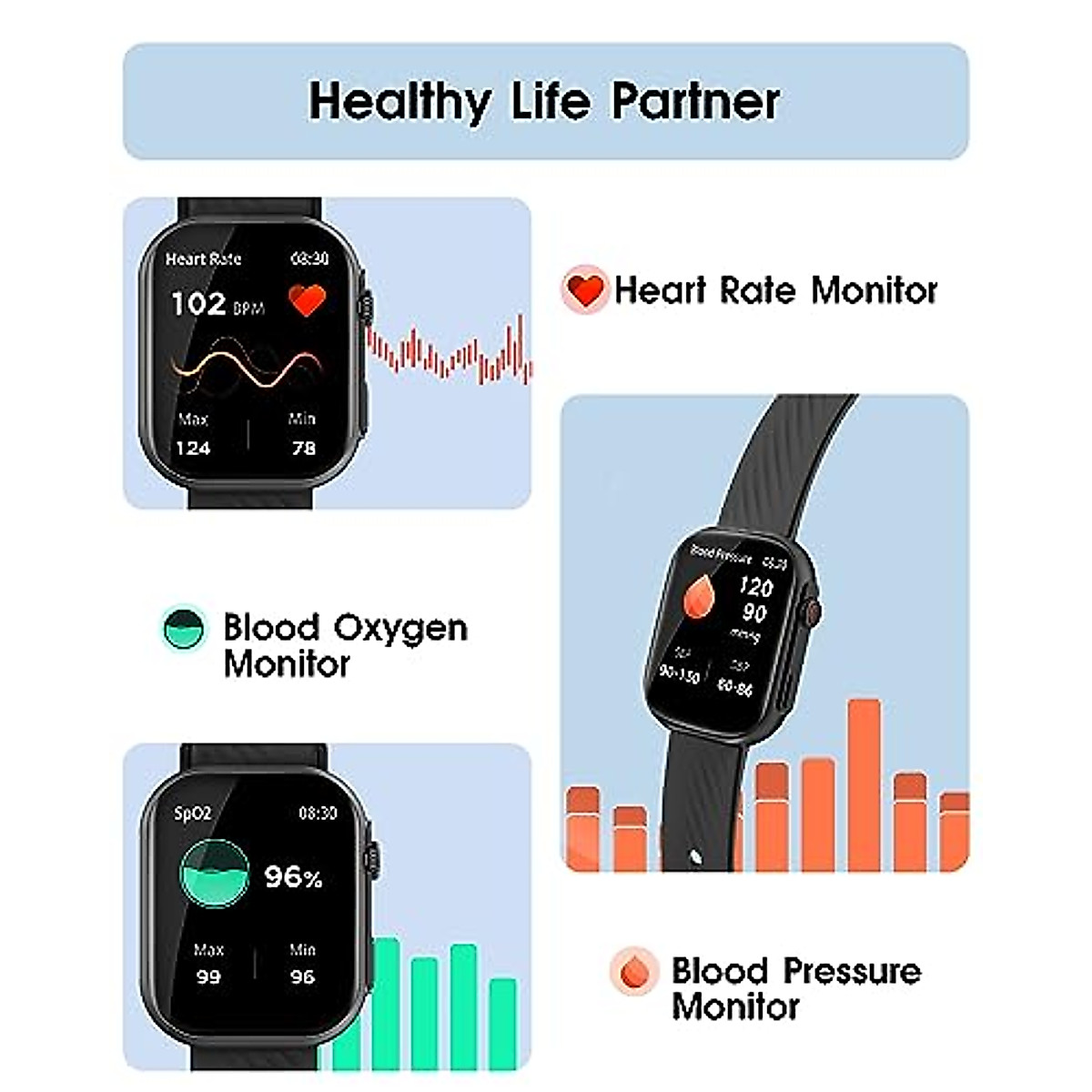 BYBUKCKR Smart Watch for Men Women (Answer/Make Call), 2" Smartwatch for Android Phones and iPhone Compatible, IP68 Waterproof Fitness Watch with Heart Rate Monitor Blood Oxygen Sleep Tracker, Black
