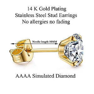 Kainier 5 Pairs 14K Gold Plated Stud Earrings Set Simulated Diamond Earrings Cubic Zirconia (CZ) Ear Stud for Women Hypoallergenic 3-7mm