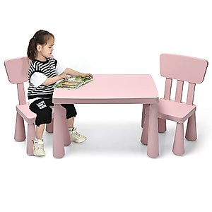 COSTWAY 3-Piece Kids Table and Chairs Set, Lightweight Plastic Children Activity Center for Reading, Writing, Painting, Snack Time, Kids Furniture Art Study Desk & Chairs Set for Ages 1-7 (Pink)