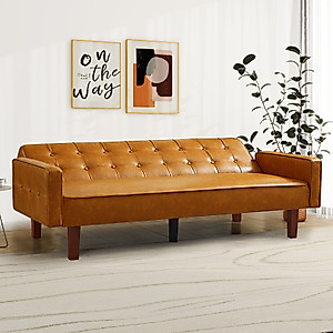 IULULU Futon Sofa Bed, Modern Convertible Faux Leather Sleeper Couch with Armrests for Studio, Office, Apartment, Compact Living, Game Room, Overnight Guests, Brown