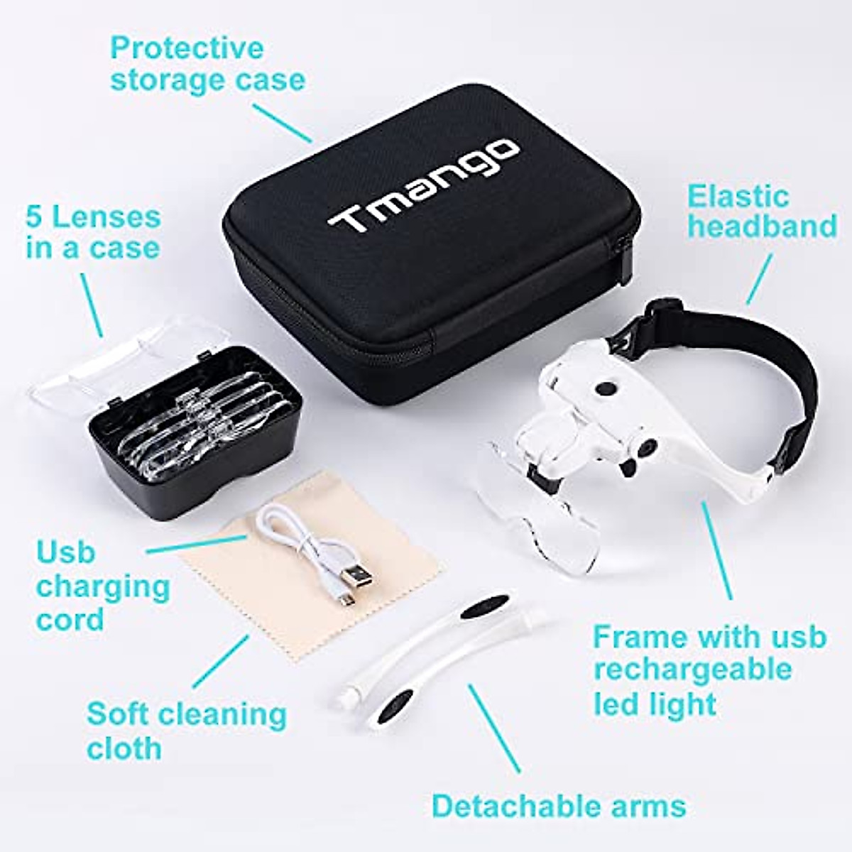 TMANGO Magnifying Glasses with LED Lights,Storage Case | Rechargeable Head Mount Magnifier for Close Up Work, Cross Stitch, Watch Repair, Jewelry，Hobby Crafts,Reading Aid