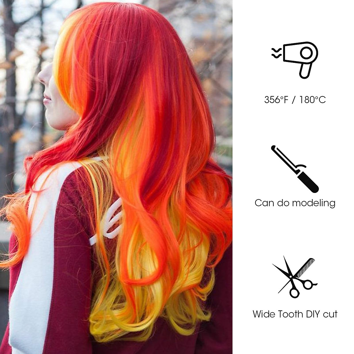 MQ Ombre Wavy Wigs for Women,29.5 Inch Long Curly Wigs,Colorful Wigs,Charming Women's Long Curly Full Hair Wig(Yellow to Orange to Red)