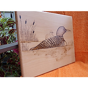 Hand Burned Pine Wood Wall Picture Loon Family with Hanger USA Custom Hand Wood Burned Finished Edge Nice looking wall Picture Living Room Bedroom Bathroom Wall Decor