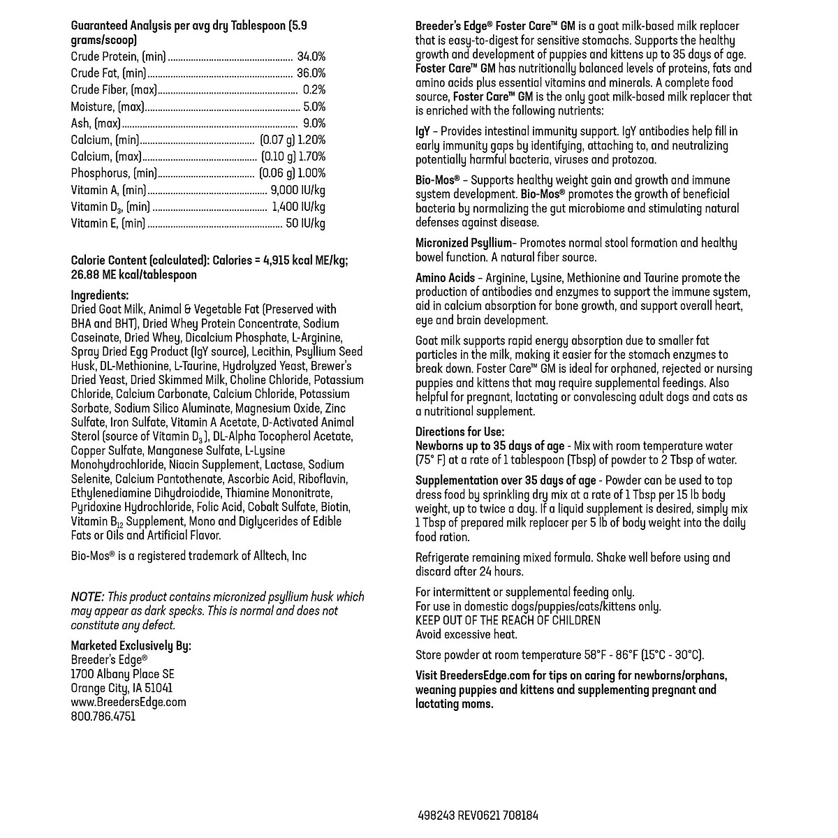 Breeder's Edge Foster Care GM - Goat Milk Based Powdered Milk Replacer - Puppies , Kittens , Cats & Dogs Formula - Easy Digestion - 5 lb