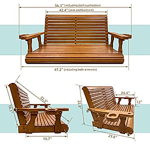 Wooden Porch Swing 2-Seater, Bench Swing with Cupholders, Hanging Chains and 7mm Springs, Heavy Duty 800 LBS, for Outdoor Patio Garden (Brown, 4 FT Extra Large)
