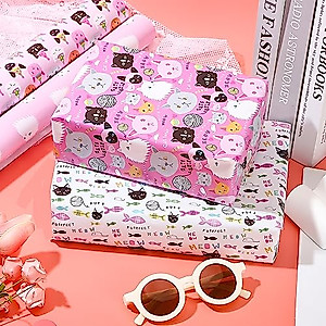 Dtiafu Cat Wrapping Paper for Girls Kids Women - 12 Sheets Pink White Gift Wrap with Cat Fish Patterns for Birthday Baby Shower Cat Party - 20 x 28inch Per Sheet