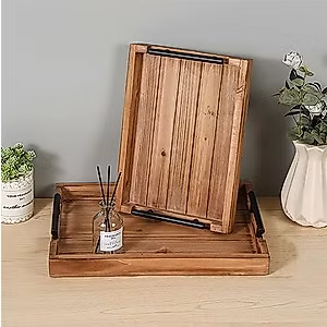 Juleduo 2 Piece Decorative Nested Vintage Wood Serving Tray Set for Eating, Breakfast, Party, Kitchen, Ottoman,Tea Coffee Table& Home Decor, Decorative Serving Trays Set