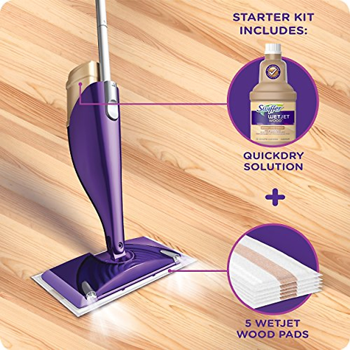 Swiffer Wetjet Wood Floor Spray Mop Starter Kit Power Mop 5 Mopping Pads Floor Cleaner Liquid Solution, Purple, 1 Count