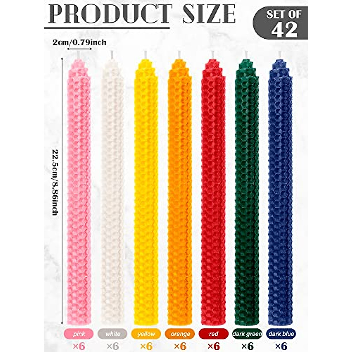 42 Pcs Beeswax Handmade Taper Candles Dripless Wax Candles Colorful Beeswax Candles 9 Inch Long Tapered Candles Honeycomb Candles for Christmas Dinner Party