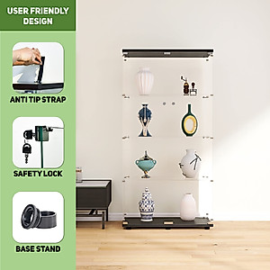 Beauty4U Glass Display Cabinet with 4 Shelves, 2 Doors Curio Cabinets for Living Room, Bedroom, Office, Black Floor Standing Glass Bookshelf, Quick Installation