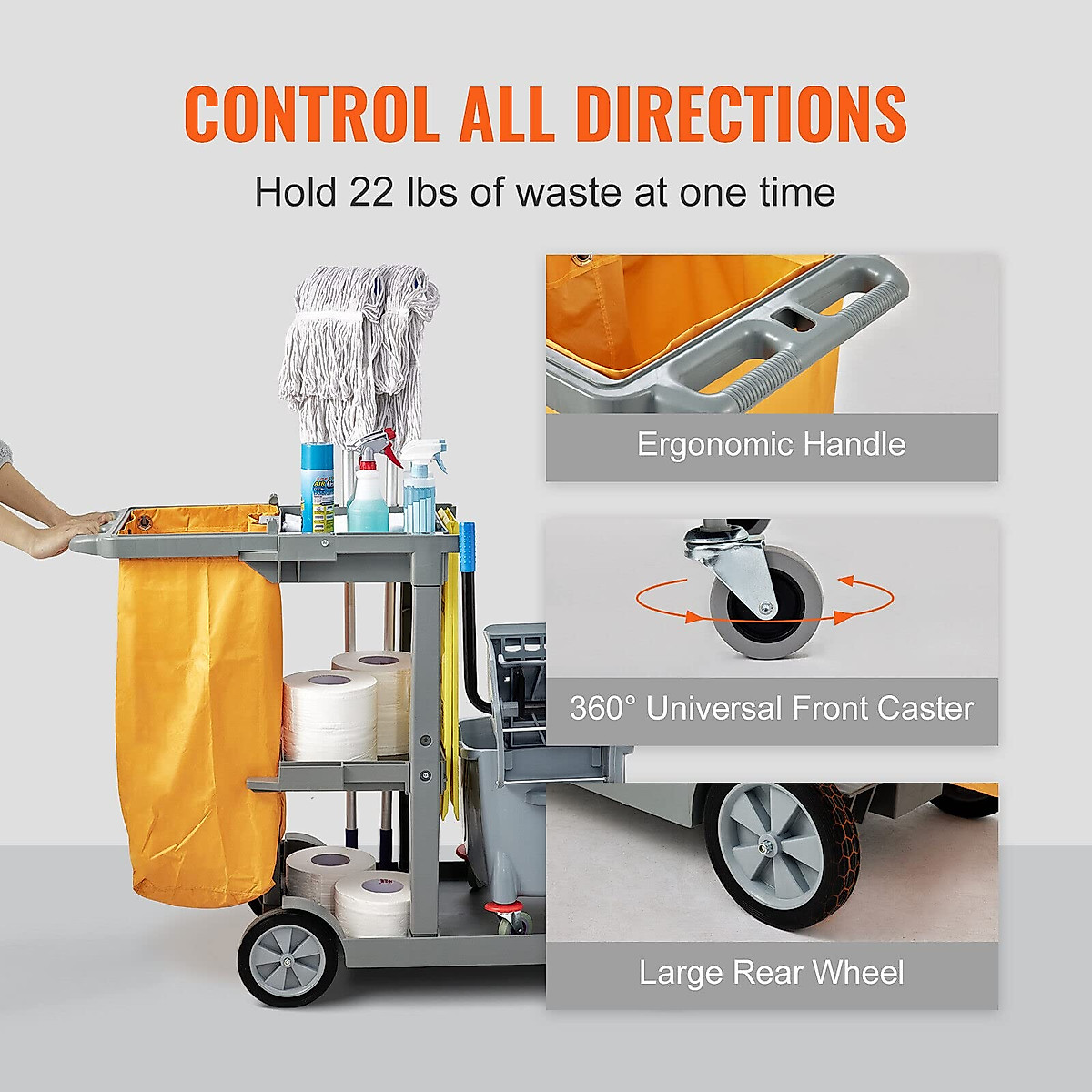 Commercial Janitorial Trolley 3-Shelf Cleaning Cart Wheeled with PVC Bag for Housekeeping Office, Stores, Schools