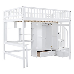 Merax Full Loft Beds Stairway Loft Bed Frame with Wardrobe, Desk, Bookshelf and Drawers, White