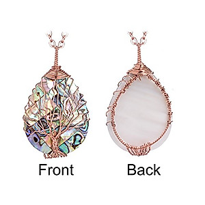 Tear Drop Abalone Tree of Life Necklace - Wire Wrap Abalone Shell Tree of Life Healing Crystal Pendant Necklace Fashion Rose Gold Plated Necklace Jewelry for Women