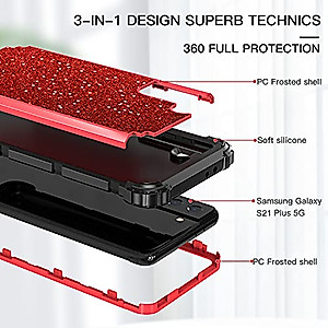 Hekodonk for S21 Plus + 5G Case 3D Luxury Heavy Duty Shockproof Protection Hard Plastic+Silicone Rubber Hybrid Protective Case for Samsung Galaxy S21 Plus + 5G Bling Red