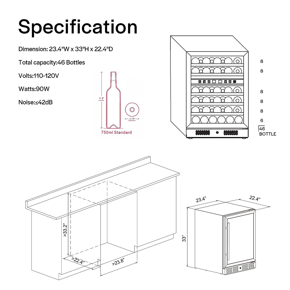 Empava Refrigerator 24 inch Double Zone Fridge for 46 Bottles Built in or Freestanding Compressor Chiller Stainless Steel Glass Door for Home, Office Bar Wine Cooler with Wood Shelves, Silver