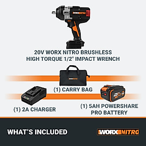 WORX Nitro 20V Brushless High Torque 1/2" Cordless Impact Wrench 1400 FT/LBS, Battery Impact Wrench with Constant Torque System, Compact Impact Wrench with Auto Mode – Battery & Charger Included
