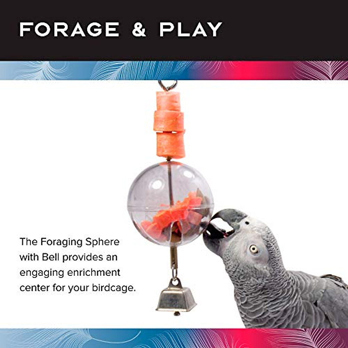 Featherland Paradise | Creative Foraging Systems Hanging Foraging Sphere & Kabob with Stainless Steel Bell, Interactive Bird Treat Toy