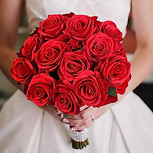 Mocoosy 12 PCS Red Rose Artificial Silk Flowers, Fake Roses with Long Stems Realistic Faux Rose Flower Bouquets for Wedding Decorations Bridal Shower Centerpieces Arrangement Party Home Table Decor