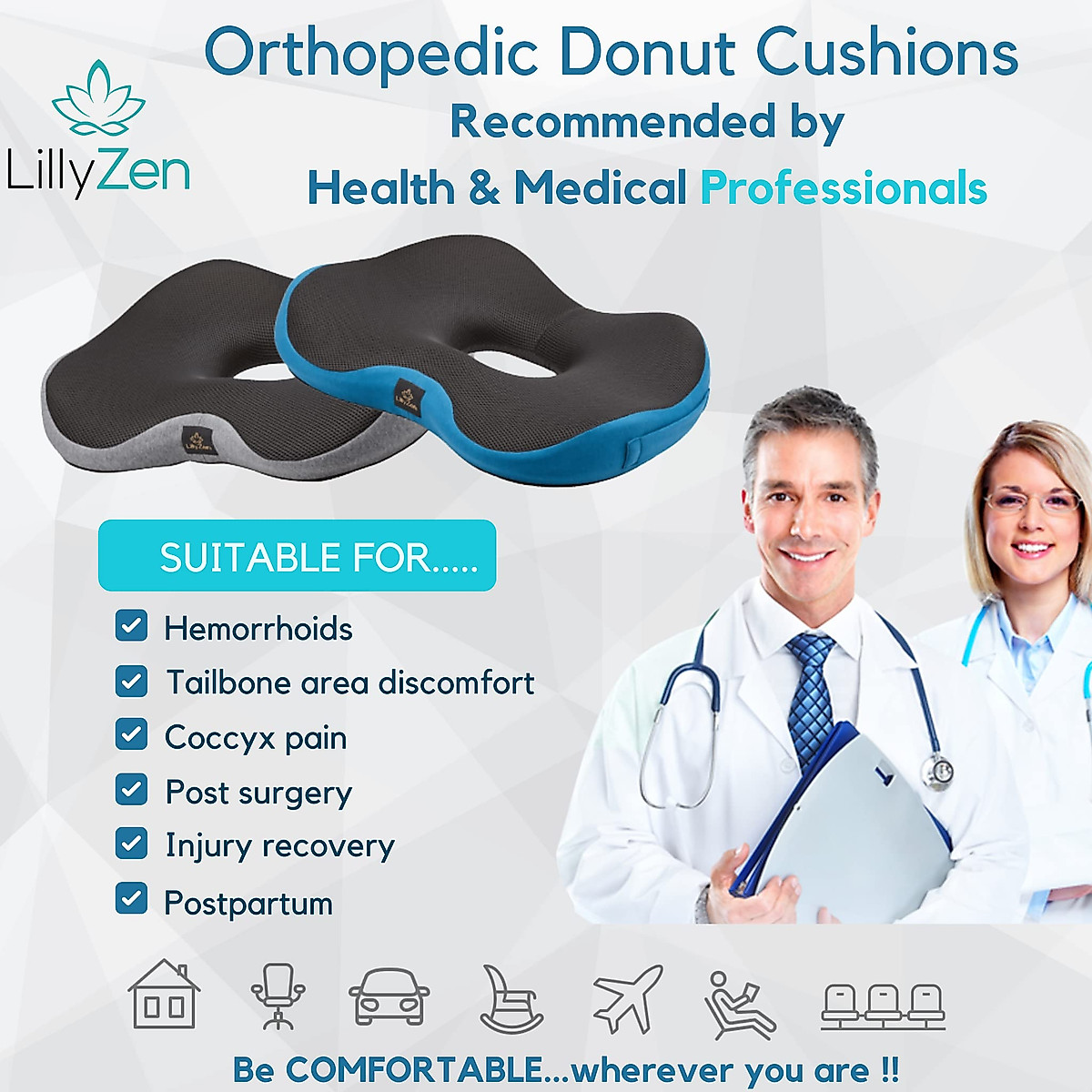 Lillyzen Donut Pillow for Tailbone Pain Relief Memory Foam Seat Cushion Orthopedic Pressure Relief Sitting Coccyx Sciatica Hemorrhoids Pregnancy Postpartum Office Chair Butt Pillows (Black Grey)