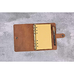 Personalized refillable 6 ring rustic leather A6 journal cover with pen holder, unique leather A6 refill planner binder sketchbook NA605SS