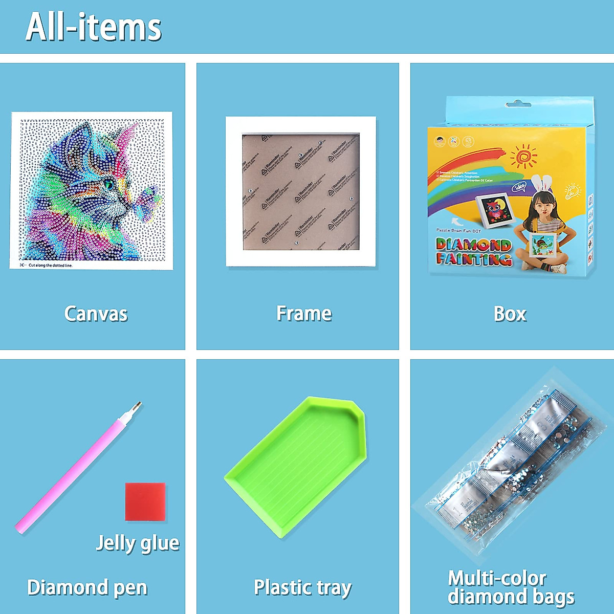 AyuqEjus 5D Diamond Painting Kits for Kids with 7.1"X7.1"Wooden Frame, Diamond Art for Kids Ages 6-12 by Number Kits DIY Painting Arts and Crafts,Diamond Dots for Kids Gift (cat-Butterfly)