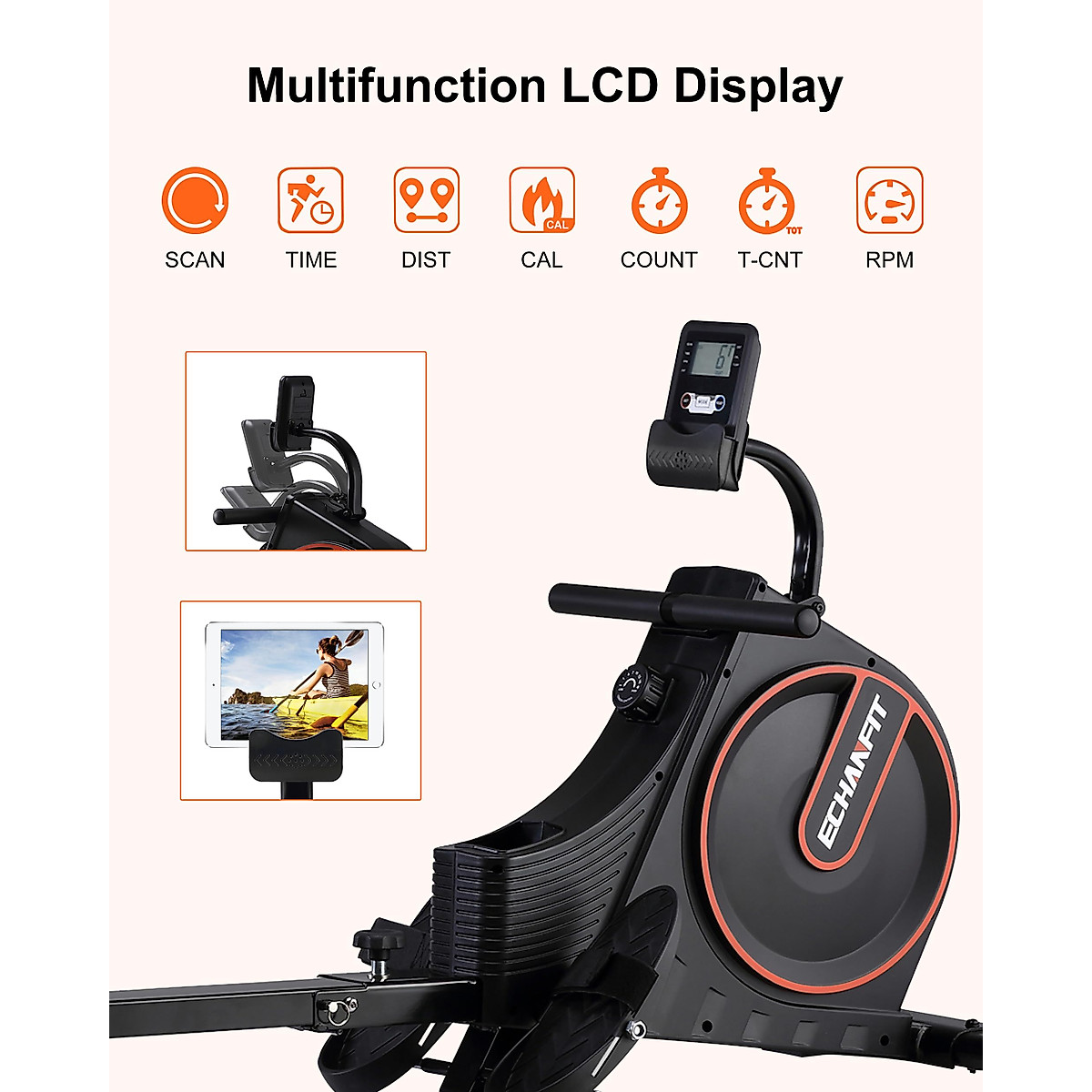 ECHANFIT Magnetic Rower Rowing Machine for Home Use Foldable w/16 Level of Quiet Magnetic Resistance with LCD Monitor and Adjustable Console Angle for Cardio Training (CR49)