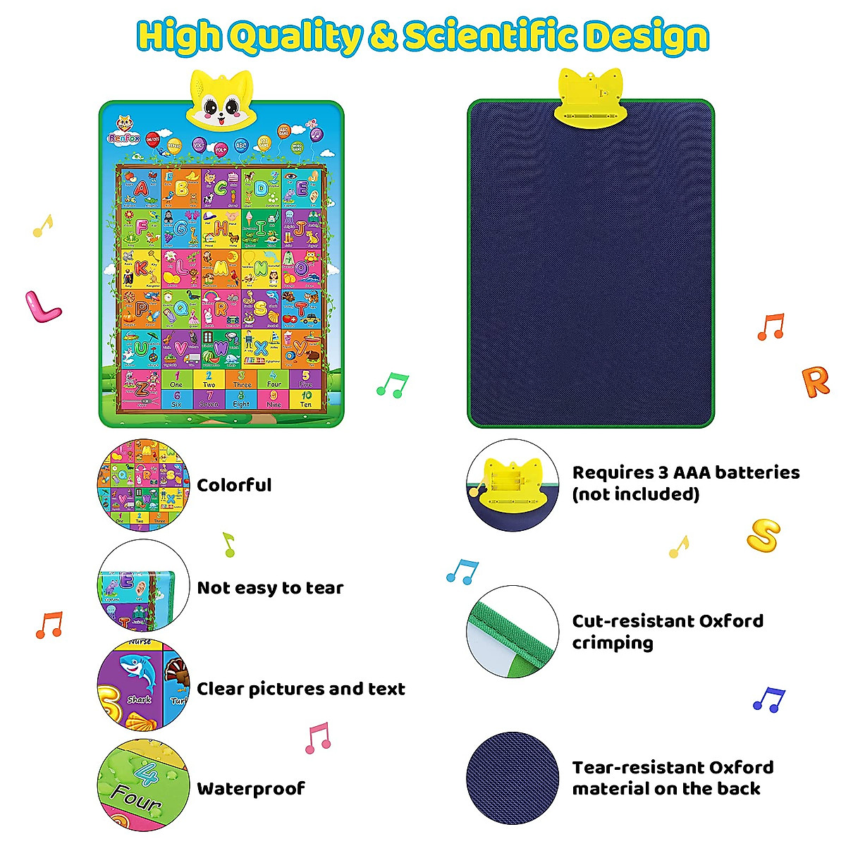 RenFox Early Learning Toys ABC, 123, Music Poster with 8 Learning Cards, Great Preschool Educational Gifts for Toddlers Boys Girls 2 3+