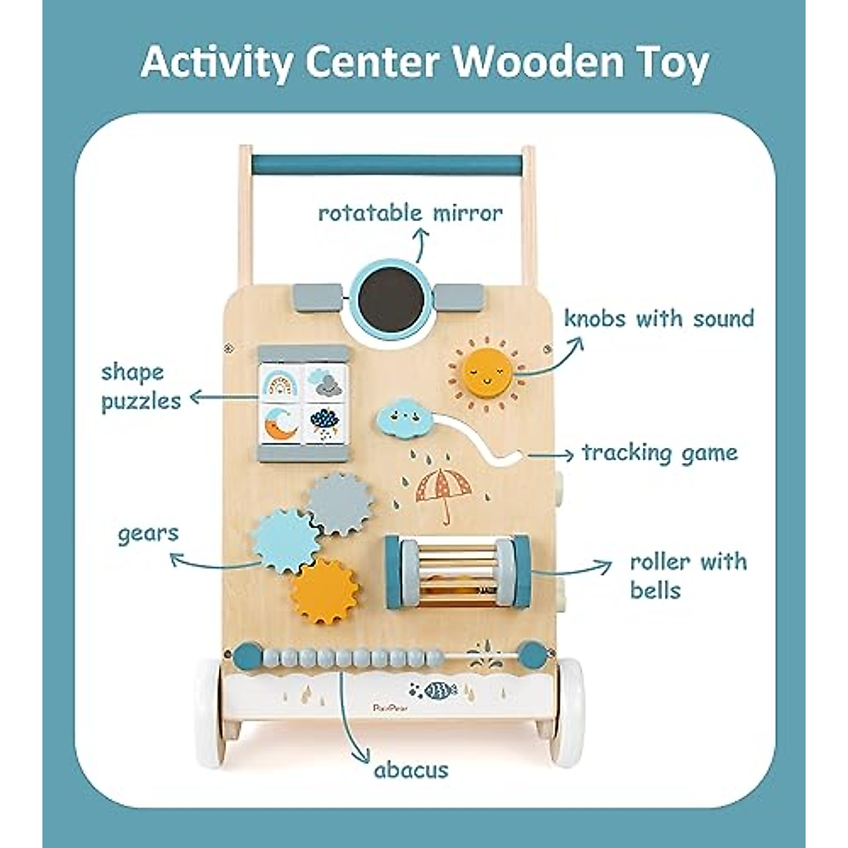 PairPear Wooden Baby Walker Push and Pull Toys,Toddler Speed Adjustable Push Walker Activity Cencer with Shape Sorter Toys Gift for Boys Girls 1 2 3 Years