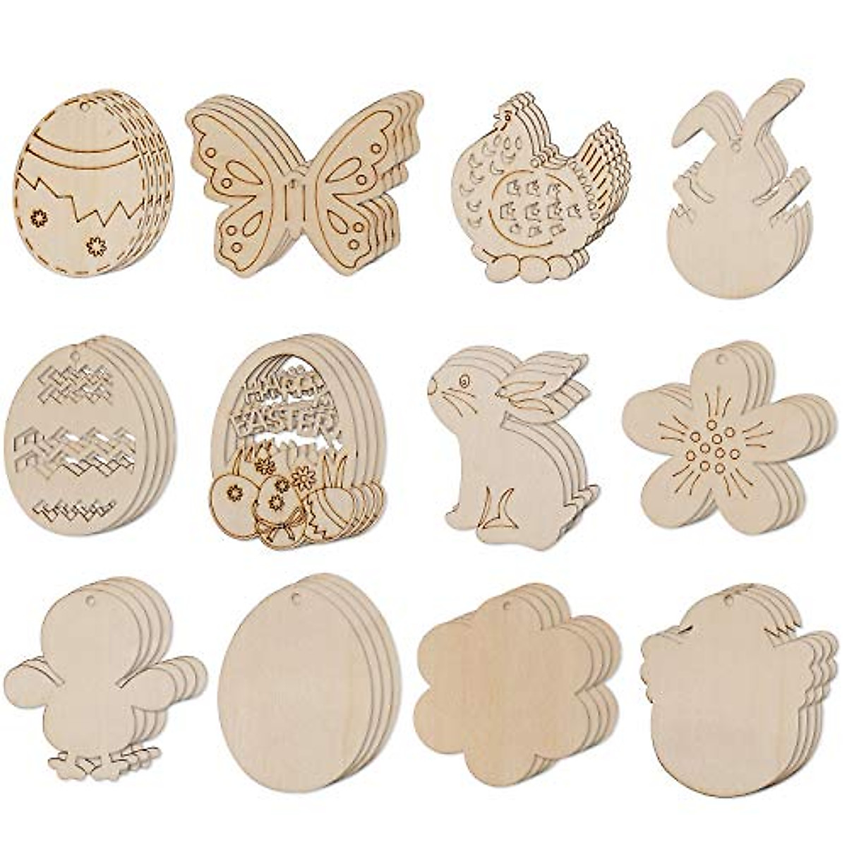Max Fun 60PCS Easter Wood Cutouts for Crafts Easter Unfinished Ornaments DIY with Bunny to Paint for Kids Easter Party Decorations Decor Hanging Egg Shapes with Drawing Pen and Hang Cords