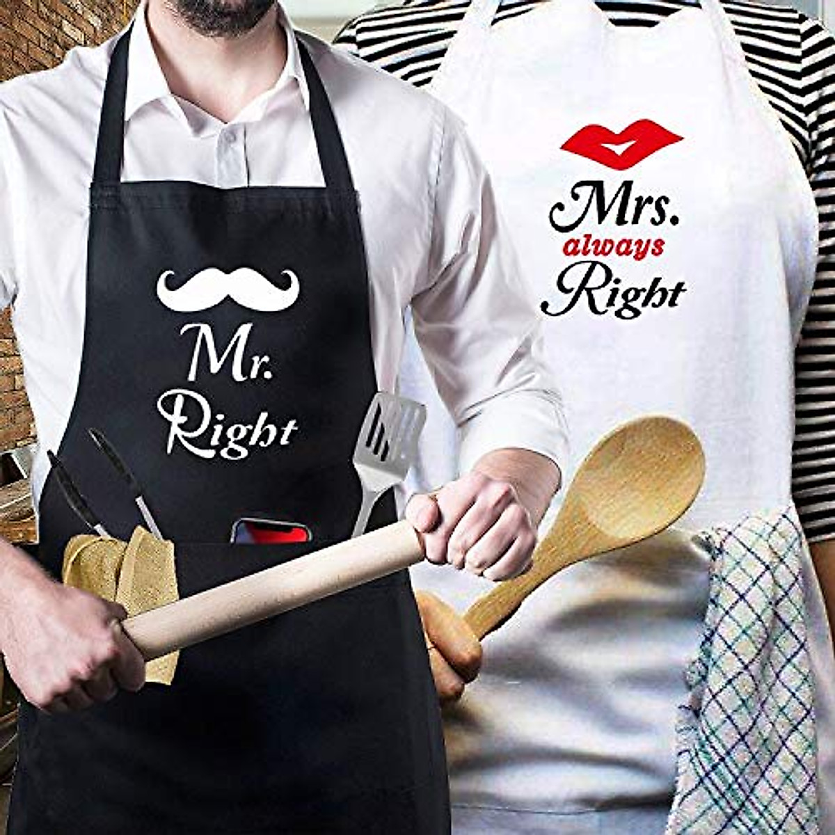 Kwieema Mr. Right Mrs. Always Right Aprons for Couple/Mr Mrs Apron Bridal Shower Present for Bride,Wedding Gifts for Couple,10th Anniversary Present for Couple, His and Hers Funny Apron1
