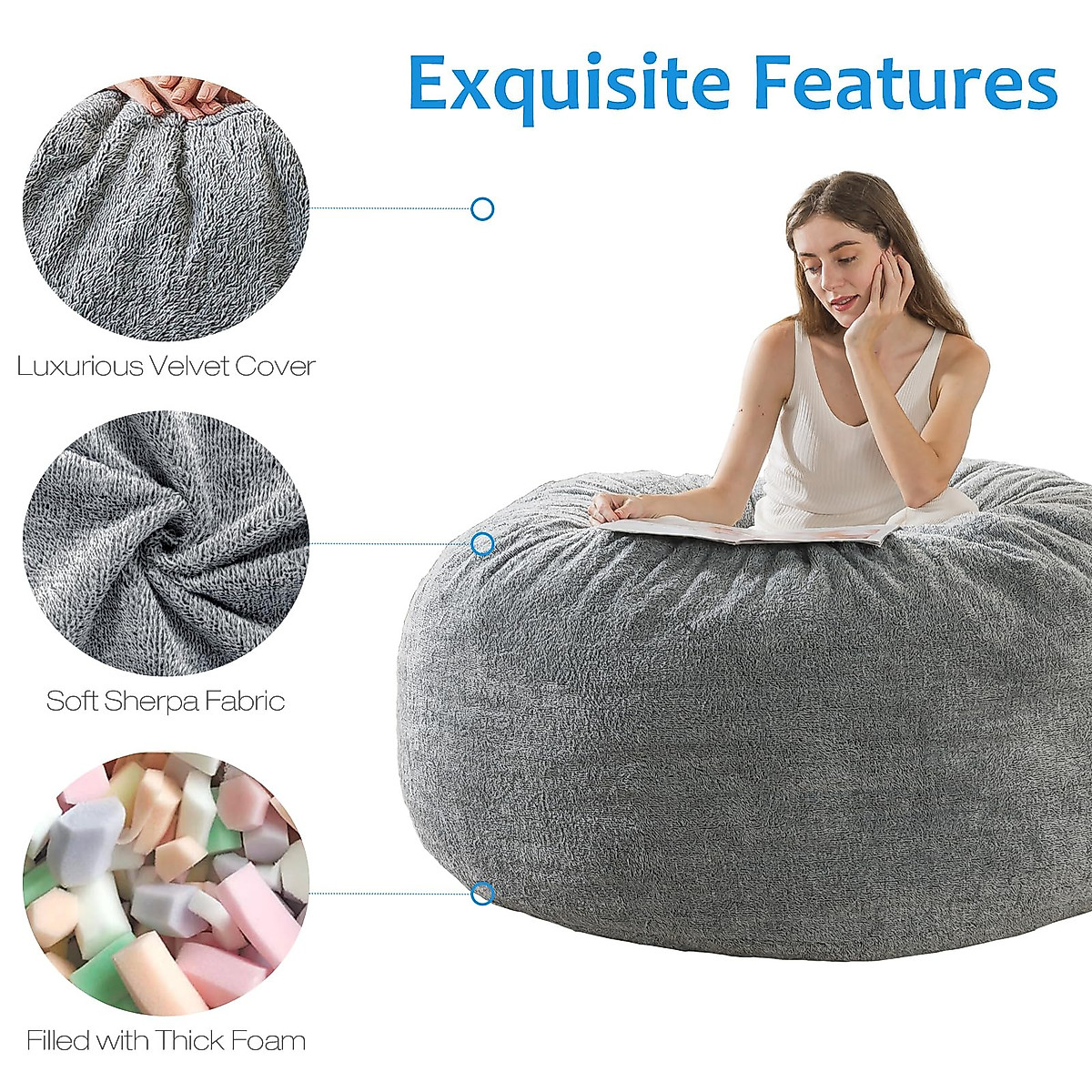 [Sherpa Fabric] Large Bean Bag Chair: 4 ft Memory Foam Bean Bag Chairs for Adults/Kids with Filling,Ultra Soft Faux Fur Fabric, Bean Bag with Filler for Living Room,4 Foot,Light Grey