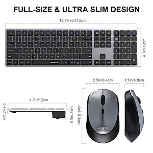 Wireless Keyboard and Mouse Combo, WisFox 2.4G Full-Size Slim Thin Wireless Keyboard Mouse for Windows, Computer, Desktop, PC, Laptop Mac (Silver and Gray)