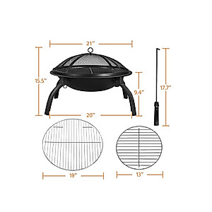 Yaheetech 21inch Firepit Portable Folding Steel Fire Bowl Garden Treasures Fire Pit Wood Burning Outdoor Fireplace with Spark Screen, BBQ Grill, Log Grate & Carrying Bag for Patio Backyard Camping