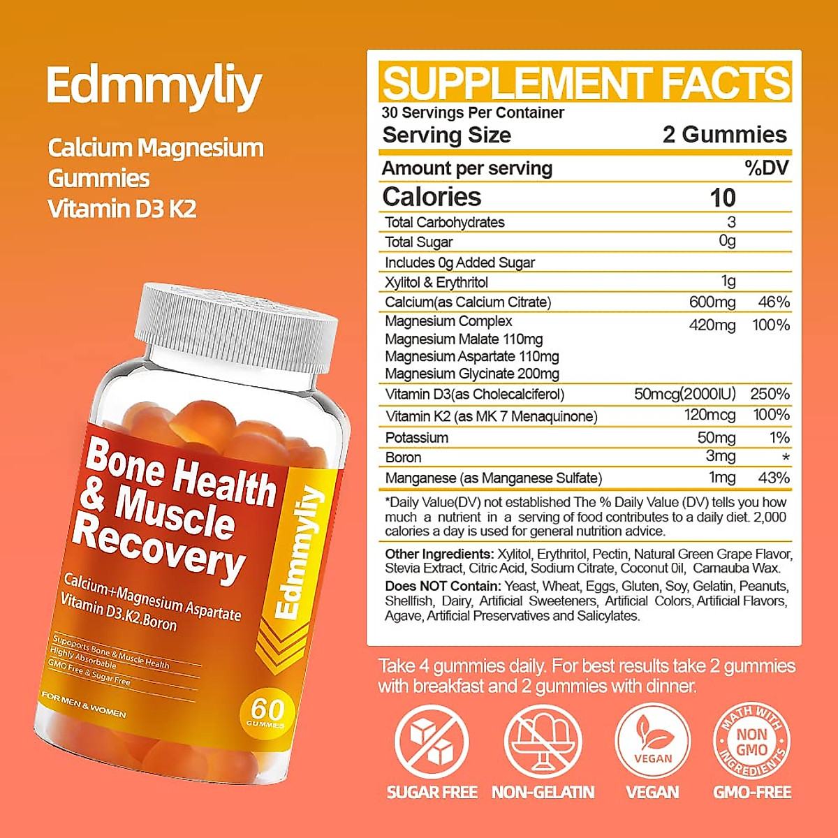 Calcium Magnesium Gummies Supplement for Adults With Vitamin D3 K2 High Absorption Magnesium Glycinate 200mg Calcium Citrate 600mg Supplements for Bone, Muscles, Calm, Mood, Vegan, Gluten-Free,Non-GMO