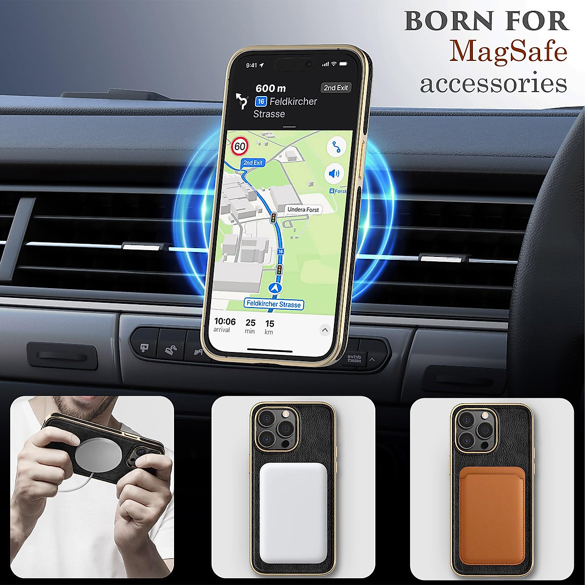 LOHASIC PU Leather Case for iPhone 13 Pro Max, Stronger Magnet Compatible with Mag-Safe, Fit for Mag Car Mount, Luxury Logo View, Vintage ProMax Phone Cover Men Women, 6.7 Inch - Black Gold