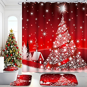Poedist 4 Pcs Christmas Bathroom Decor Set,Christmas Shower Curtain Sets, Xmas Shower Curtain Sets with Rugs(Bath Mat,U Shape and Toilet Lid Cover Mat) and 12 Hooks,Christmas Tree