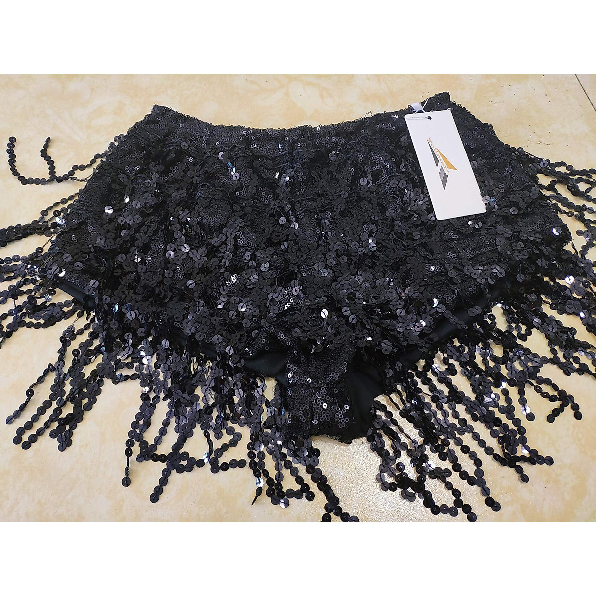 Yollmart Women's Sequins Tassel Skirts Shorts Booty Dance Festival Bottoms (X-Large, Black)